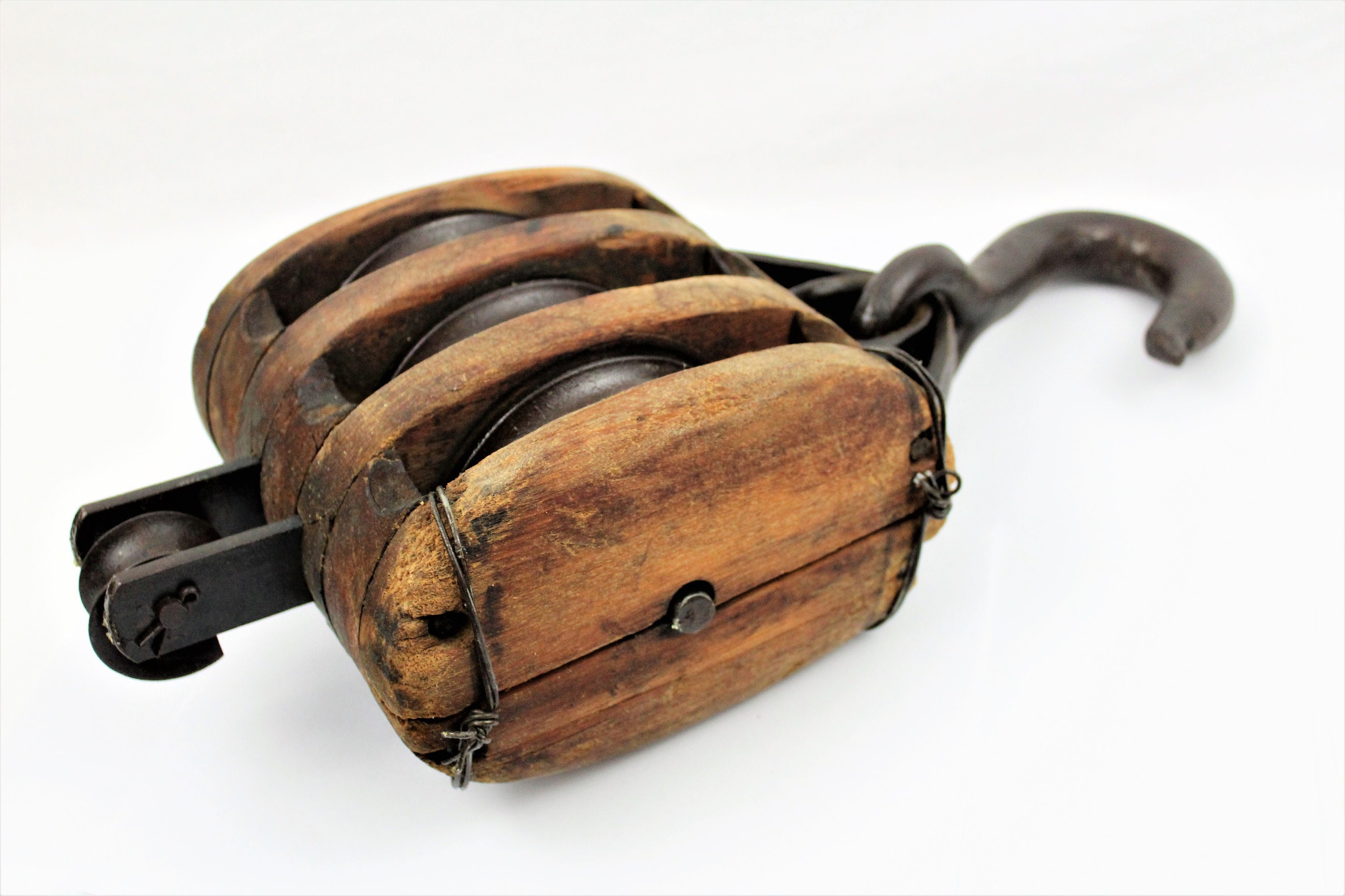 Antique Barn Pulley / Large Triple Rope Wood Pulley / Farm Ware ...