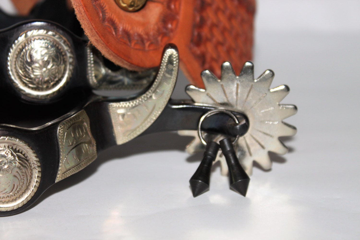 Vintage Pair of Decorative Dress Spurs with Hand Tooled Leather Straps