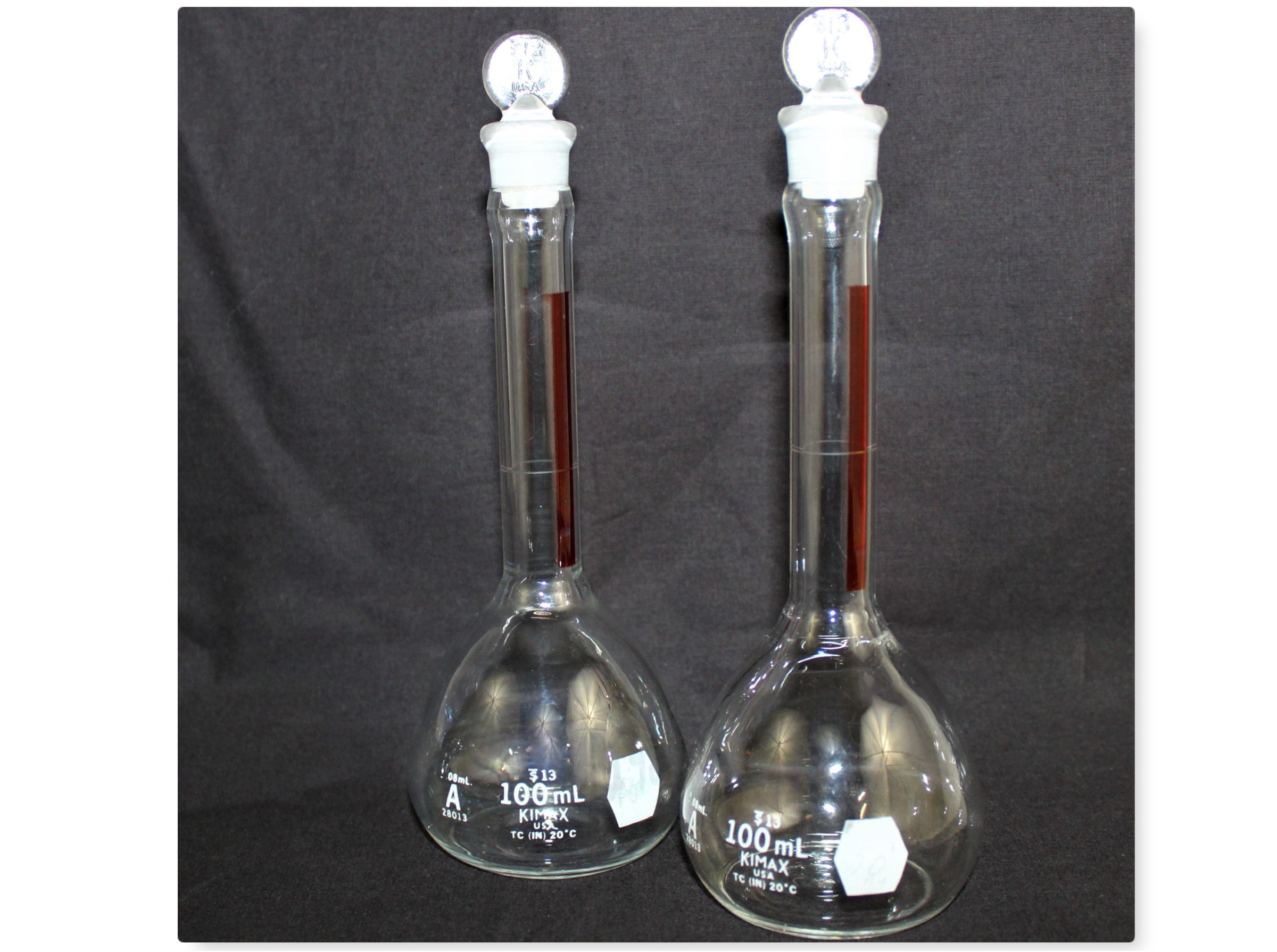 Two 100ml Kimax Volumetric Flasks with Penny Head Stopper, Vertical Red ...