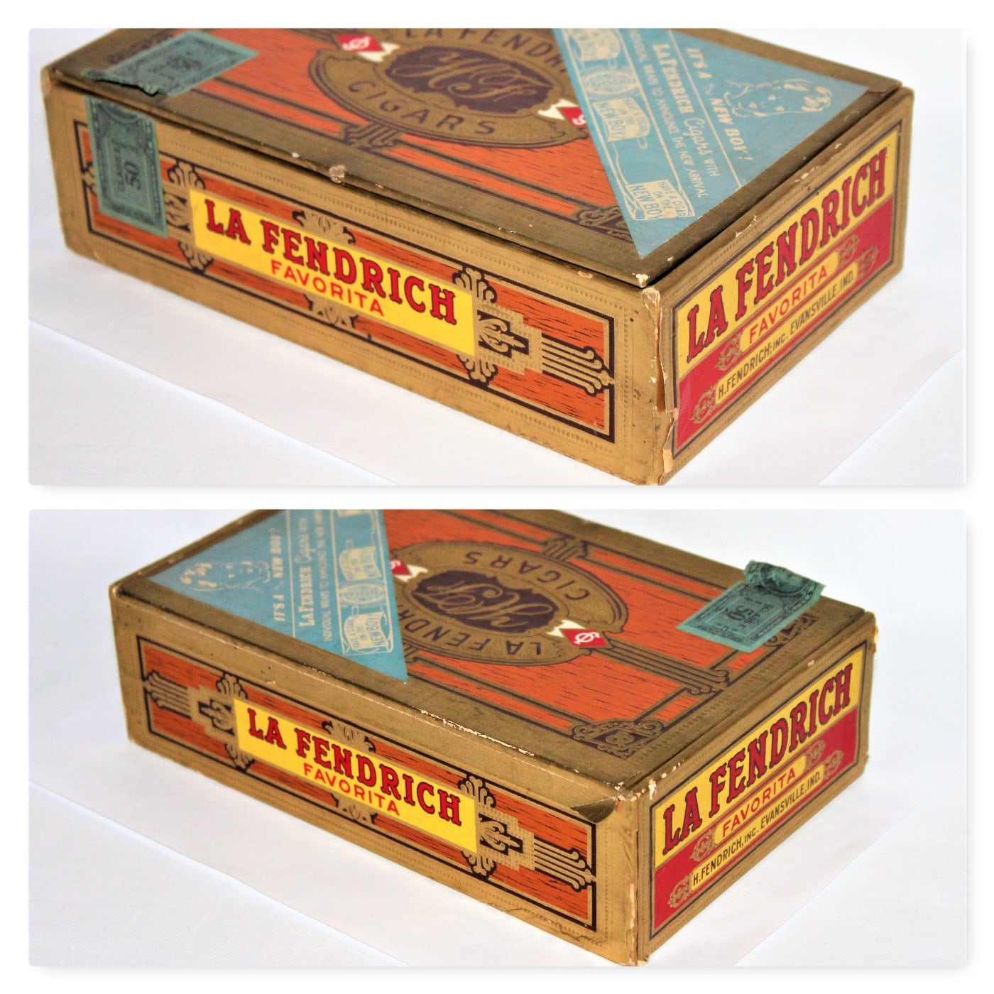 Vintage 1950 LA FENDRICH Cigar Box, with Baby Boy Announcement
