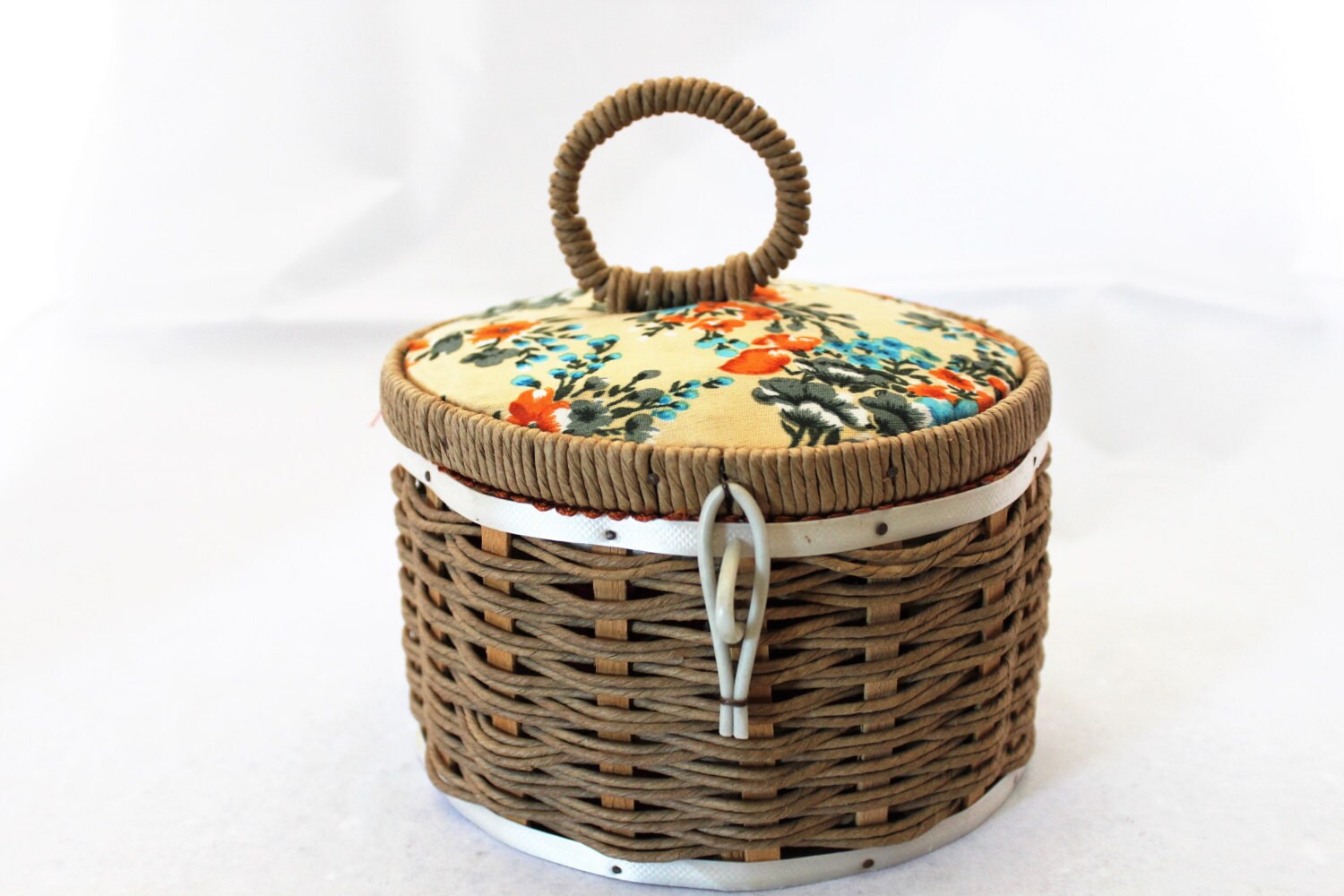 Vintage 1950s Round Red Satin Lined Jute Woven Sewing Basket with Notions