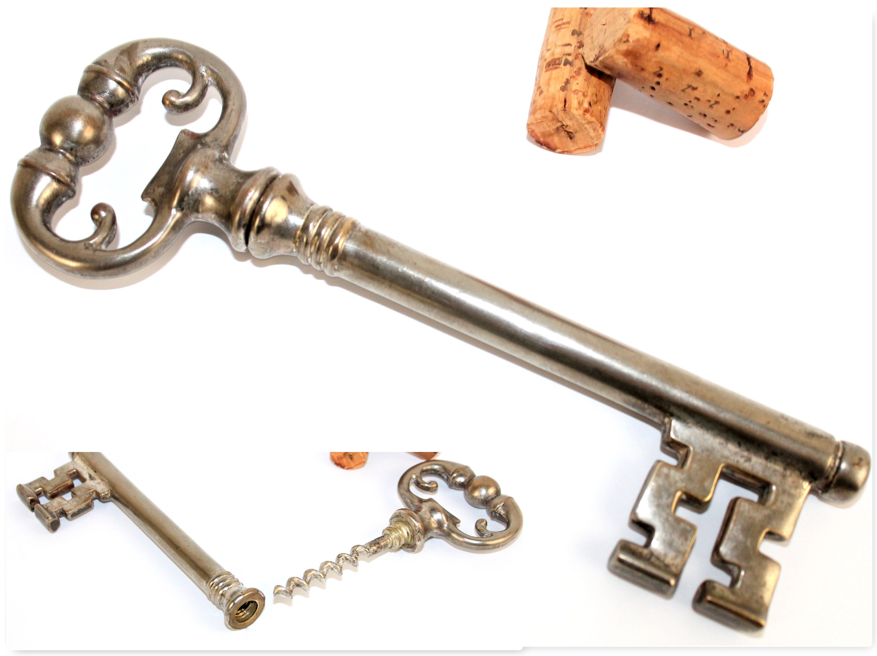Large Skeleton Key with Hidden Corkscrew, Wine Bottle Opener