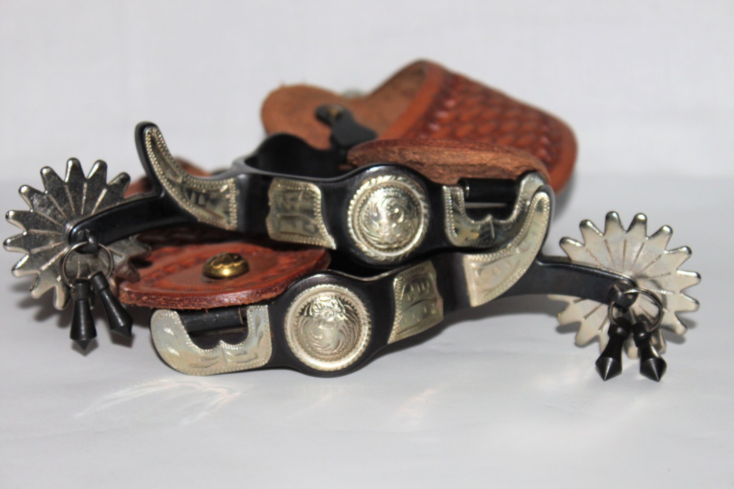 Vintage Pair of Decorative Dress Spurs with Hand Tooled Leather Straps