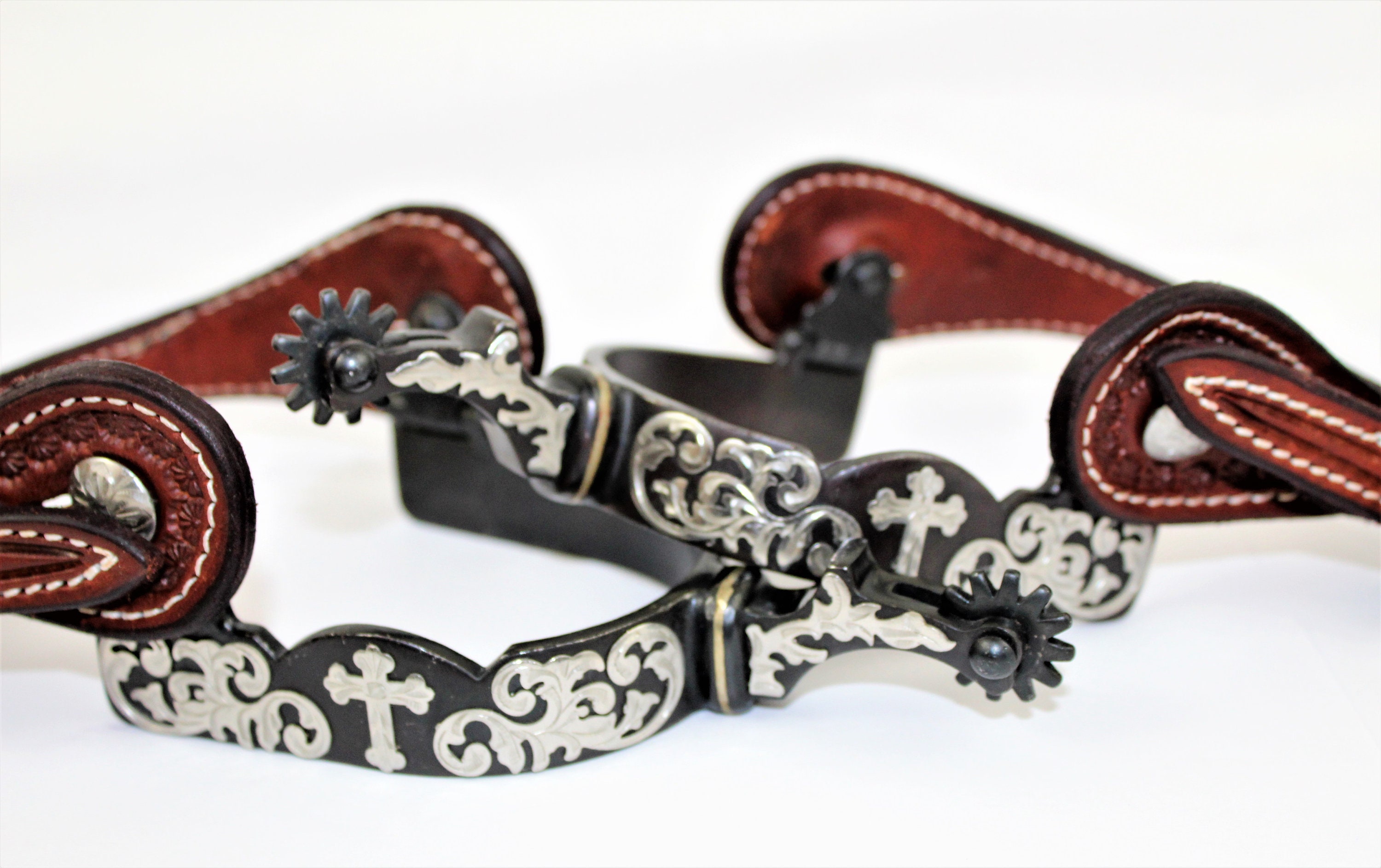 Western Americana / Twelve Point Western Spurs / Hand Tool Leather