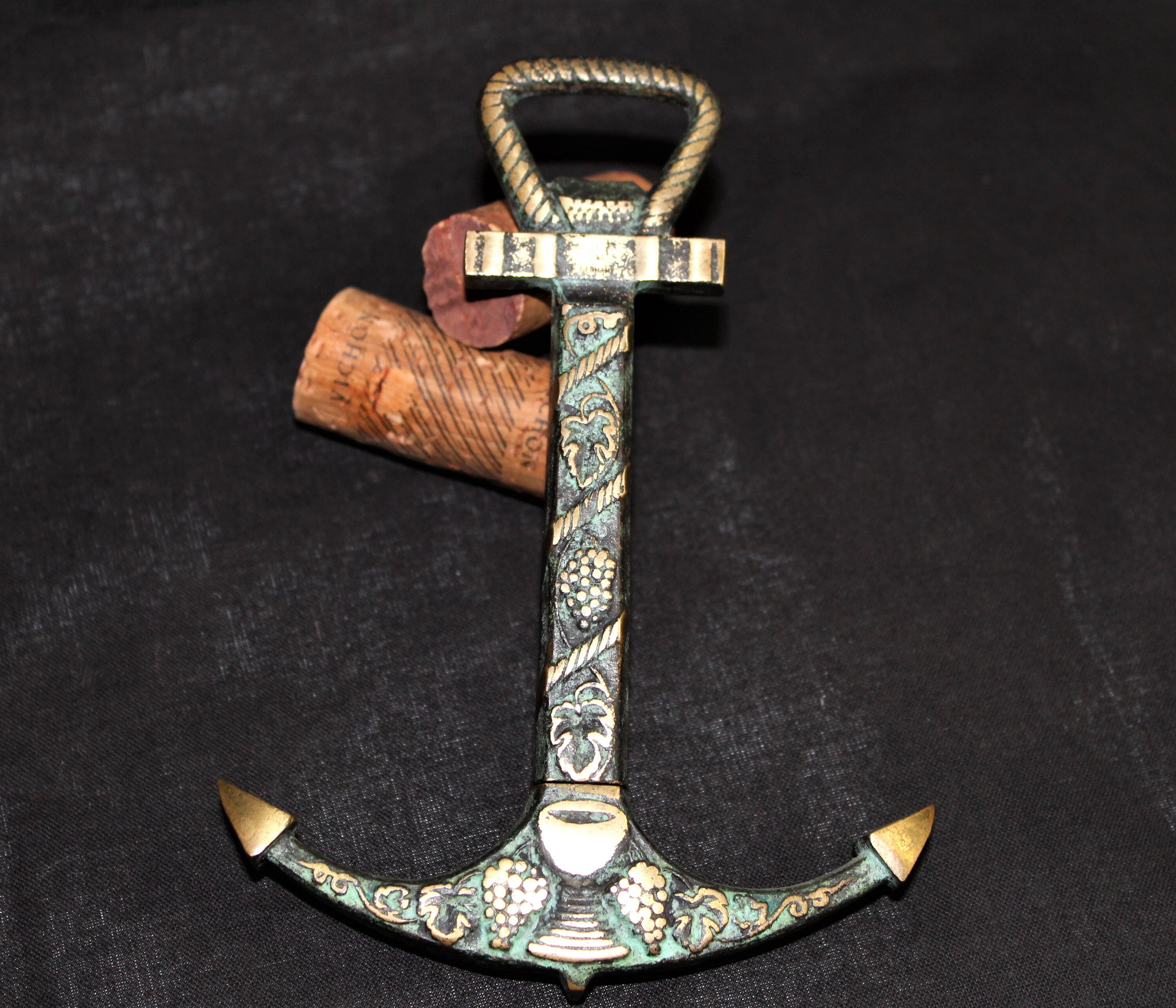 German Barware, Brass Anchor Bottle Opener with Hidden Corkscrew,