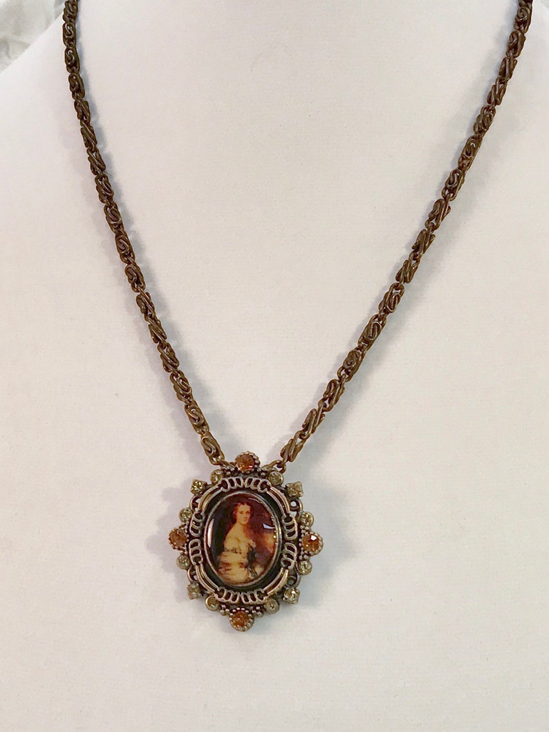 Painted Portrait Pendant on Antique Gold Toned Chain - Etsy