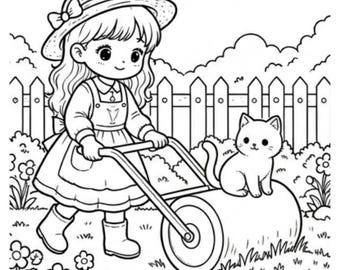Cute Girl Hugging Brown Cat Coloring Page Printable Coloring Sheet ...