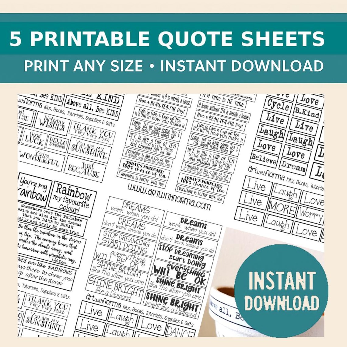 Printable Quote Sampler – 5 Inspirational Quote Sheets – Instant ...