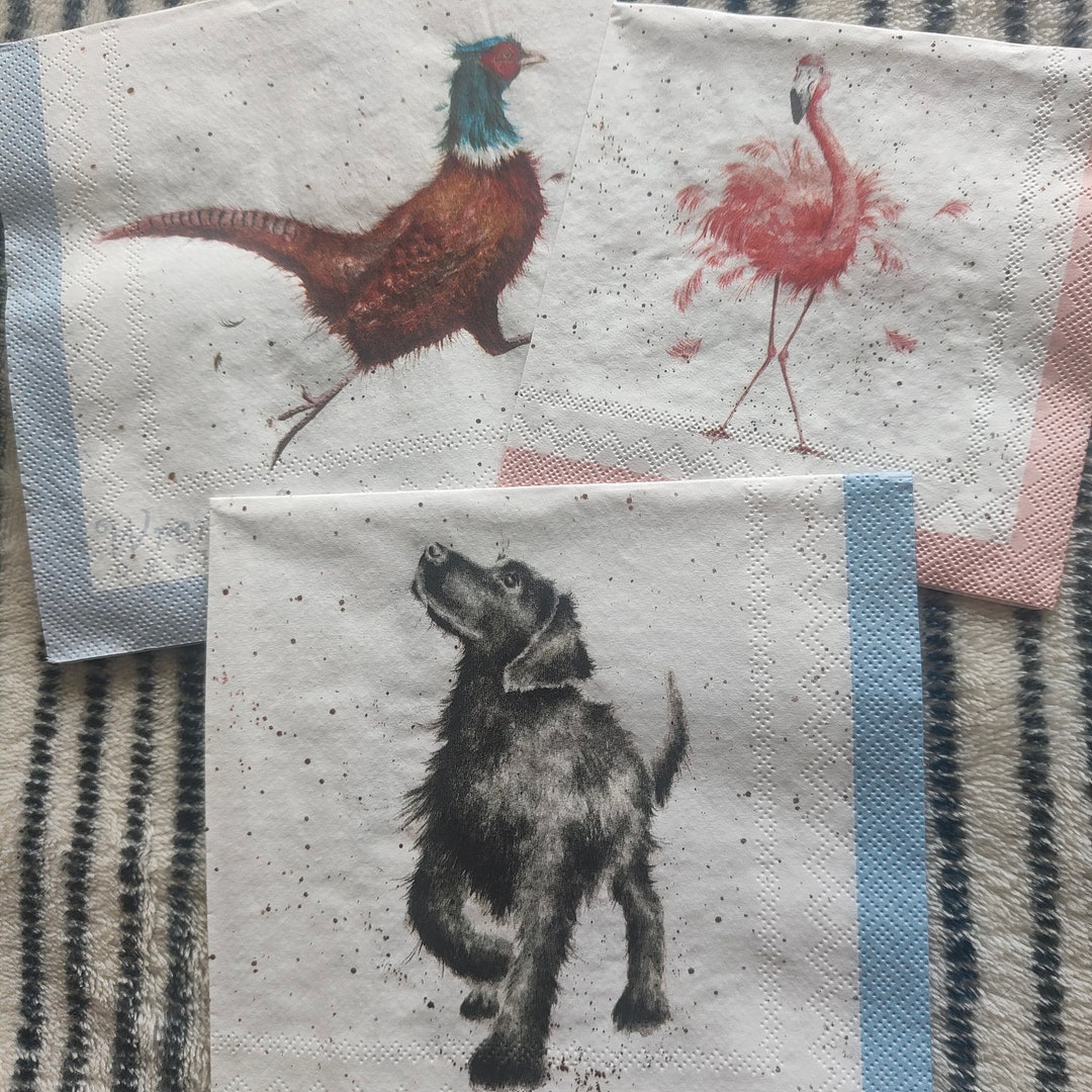 TRIO RARE WRENDALE Napkins on White Background. Dog. Pheasant. Flamingo ...