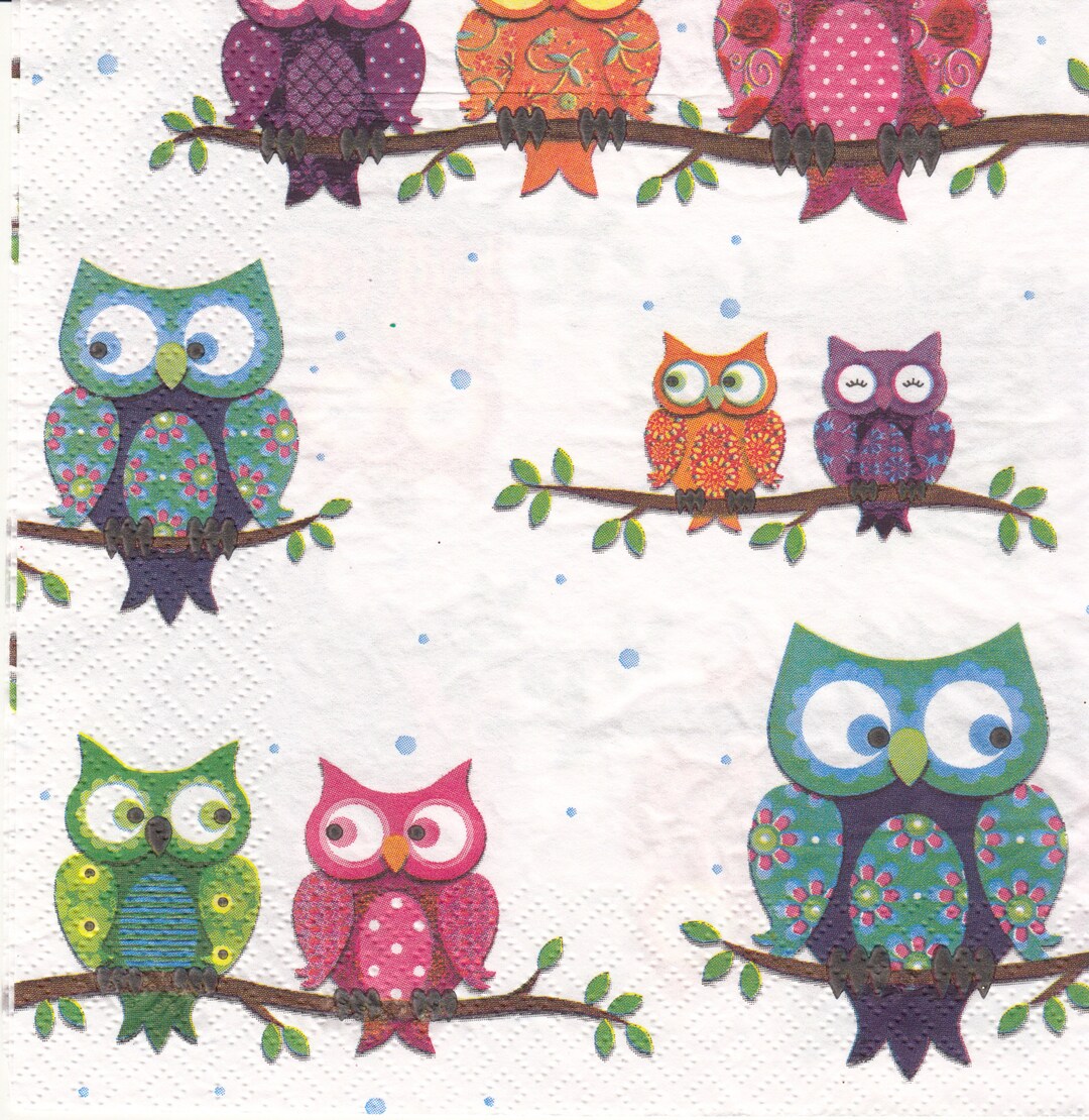 Owl Napkins, Deluxe Decoupage Mixed Set of Owl Decoupage Napkins. 2 or ...
