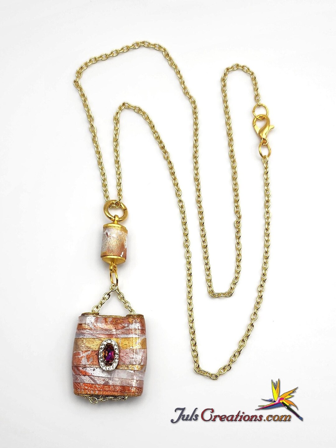 Jeweled Double Paper Bead Necklace Pendant, OOAK, Hand Painted Metallic ...