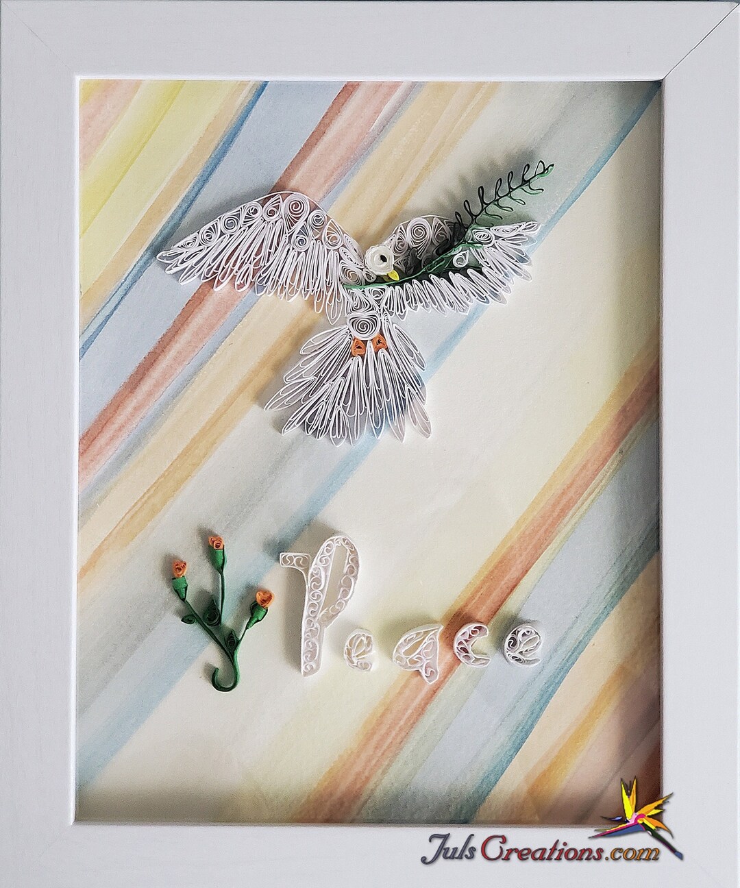 Framed, 3D Paper Quilled Peace Dove, White Dove in Flight With Olive ...