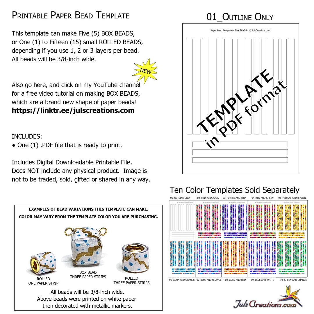 Printable Download: Paper Bead Template - BOX BEADS - 01_outline Only ...