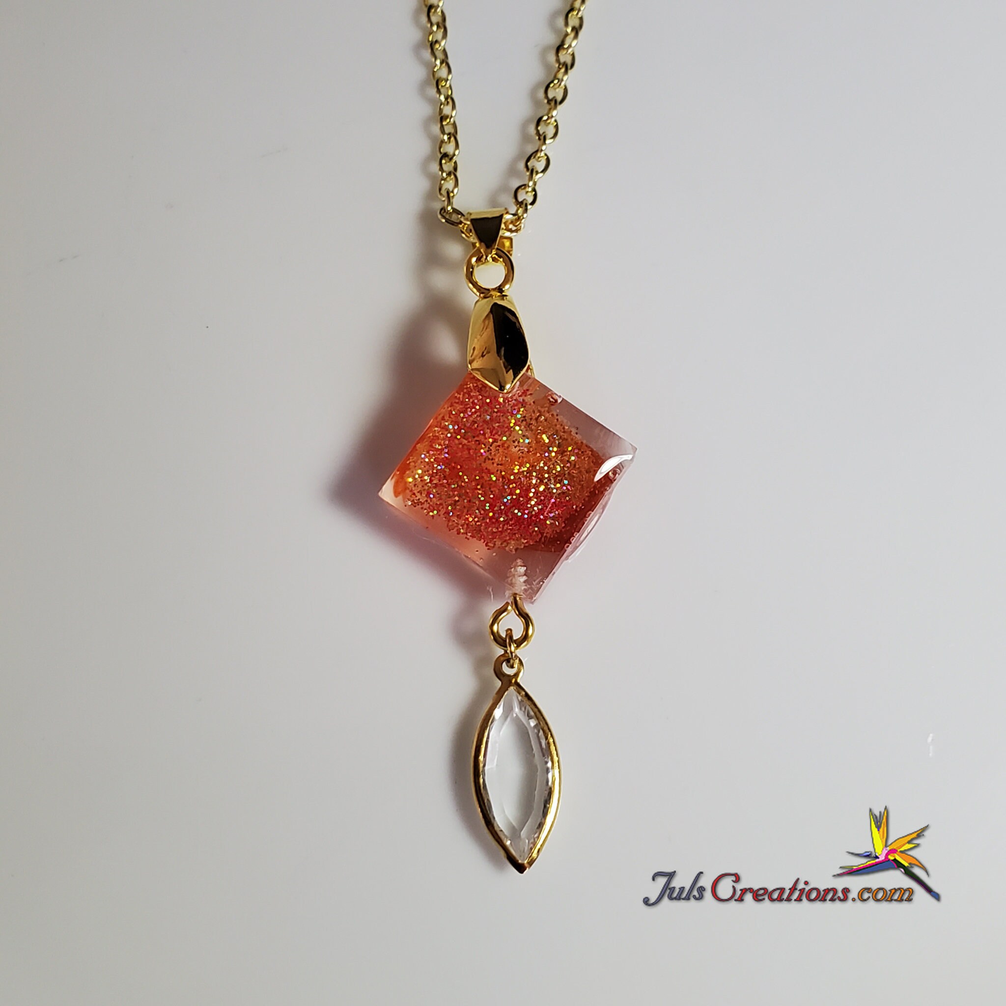 Red Square/Diamond Resin Pendant Necklace with Iridescent and Gold ...