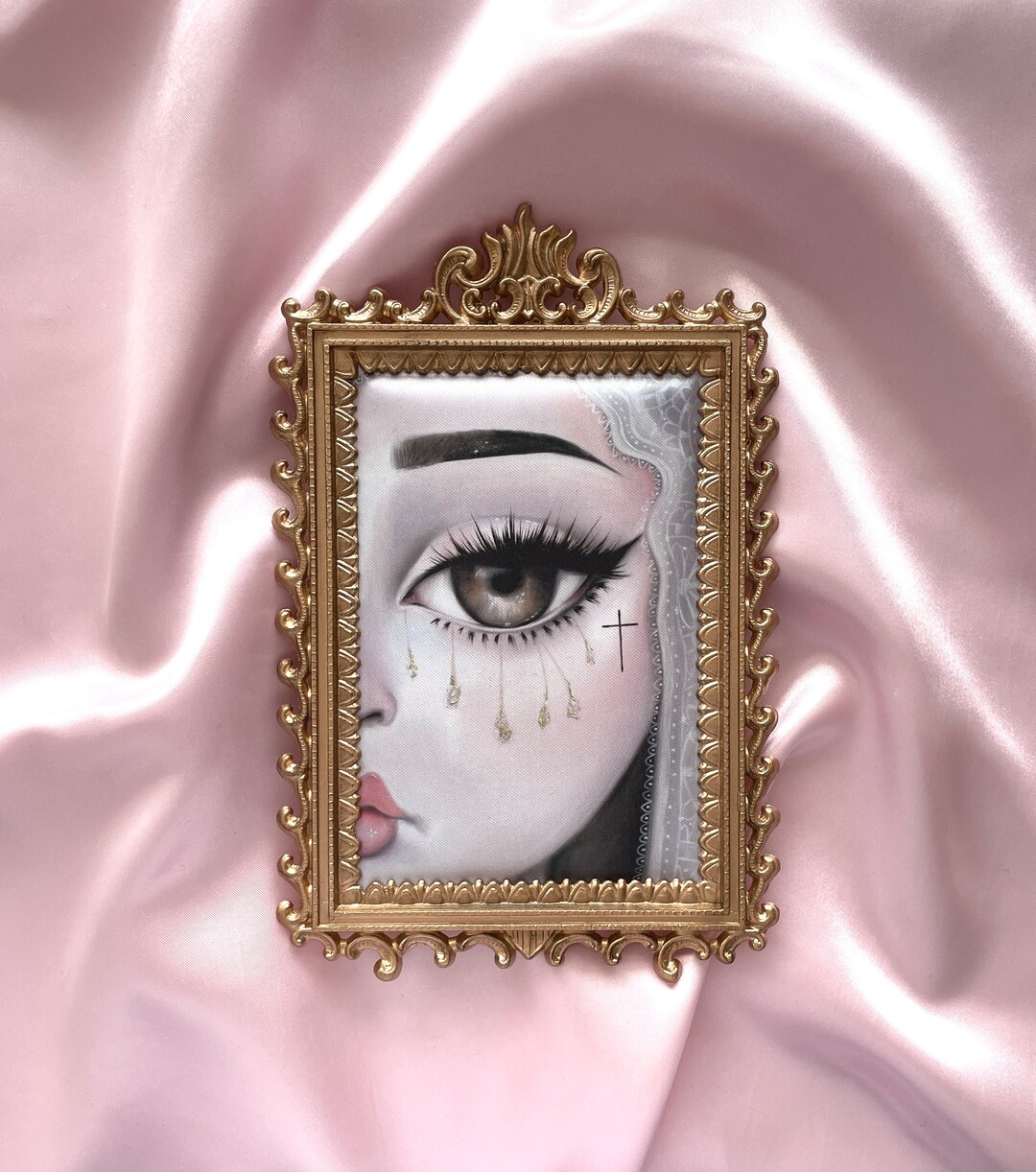 Dreamy Virgin Tears Virgin Mary Print Framed Vintage Silk Print