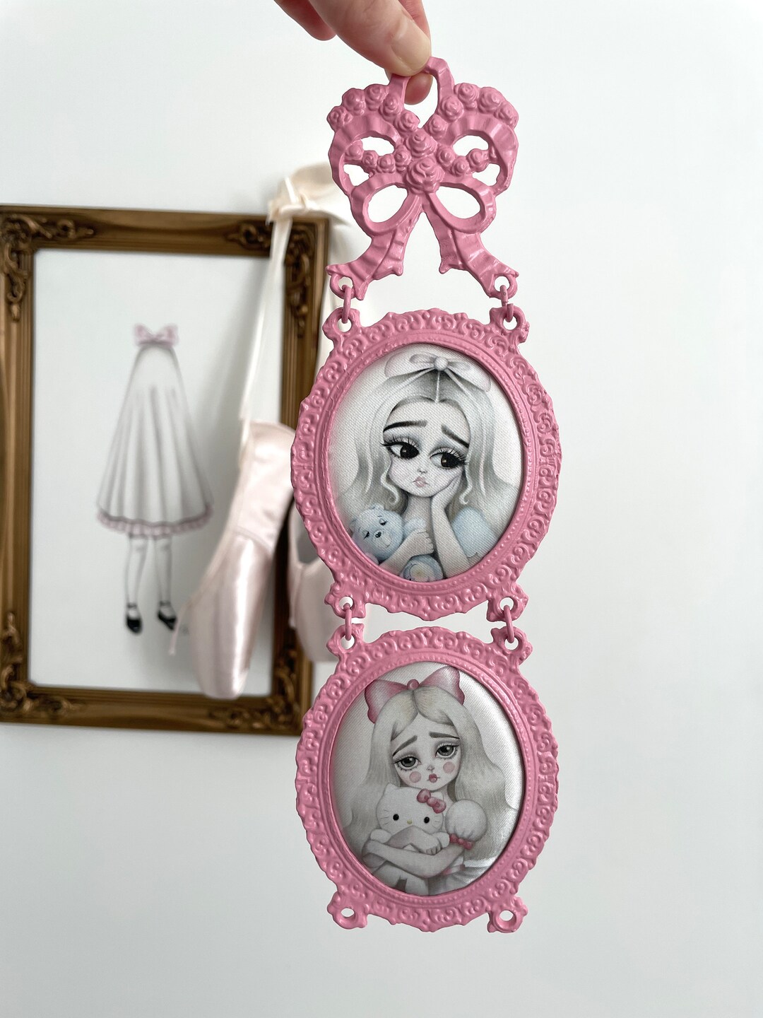 Rare Double Chained Pink Bow Vintage Framed Miniature 'dream Dolls ...