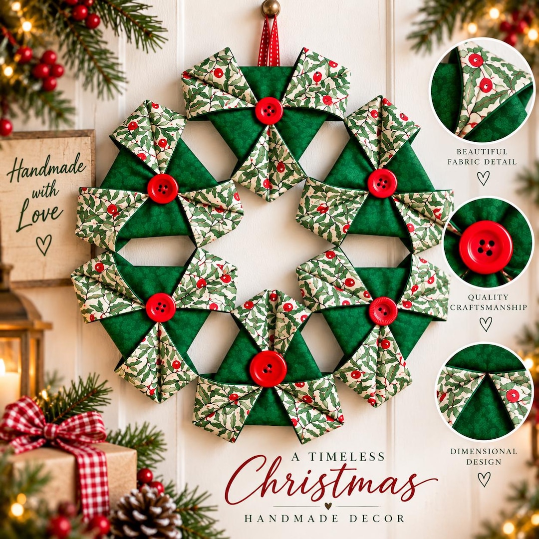 Folded Fabric Christmas Wreath Sewing Pattern PDF | Fabric Wreath Wall ...