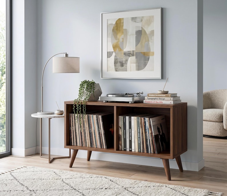 Mid Century Modern Record Player Stand With Vinyl Storage, Walnut Media ...