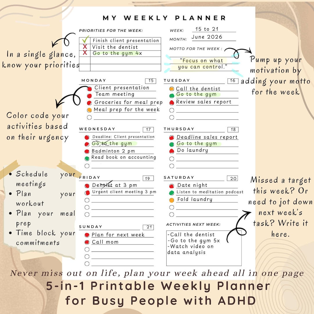 5-in-1 Printable Weekly Planner | Adhd-friendly Productivity Kit | A4 ...