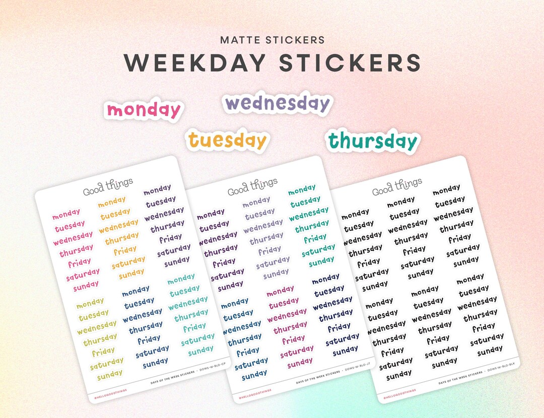 Weekday Planner Stickers | Block Letter Days of the Week Planner ...