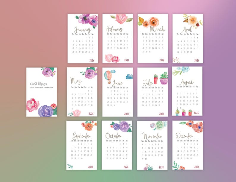 2026 Mini Desk Calendar - Watercolor Flowers | Colorful Desk Calendar ...