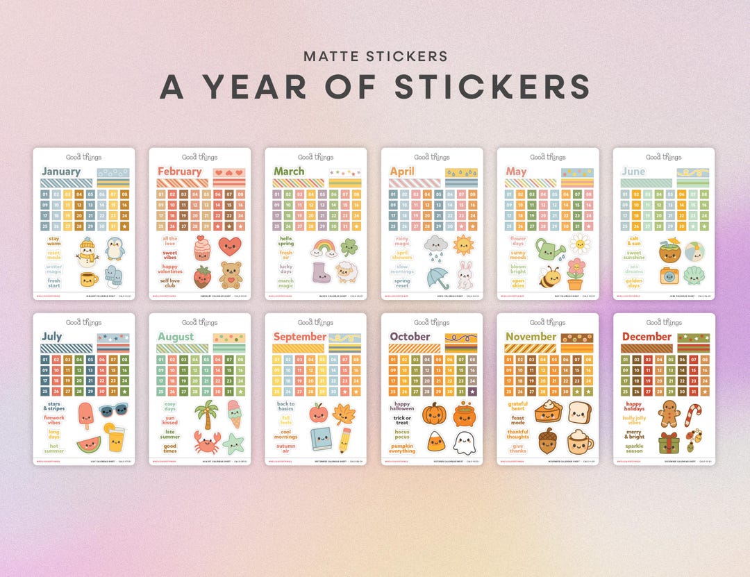 Year of Calendar Kawaii Stickers, Month Planner Stickers | Journals ...