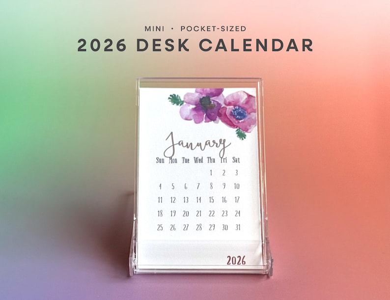 2026 Mini Desk Calendar - Watercolor Flowers | Colorful Desk Calendar ...