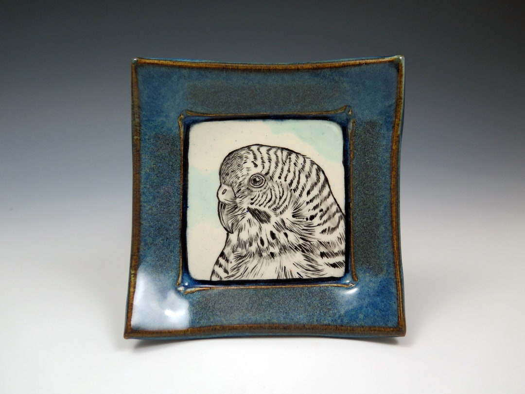 Handmade Ceramic Parakeet Art Dish, Original Illustration Pottery Plate ...