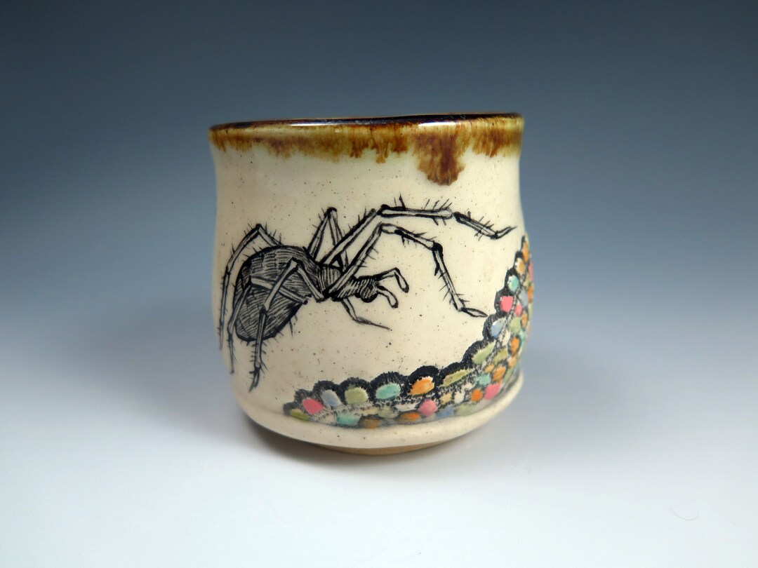 Handmade Spider Collage Teabowl, 4oz, Hand Drawn Pottery, Artistic Cup ...