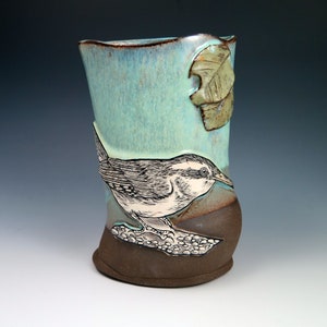 Handbuilt Ceramic Wren Art Vase, Hand Drawn Pottery, Unique Sculpted ...