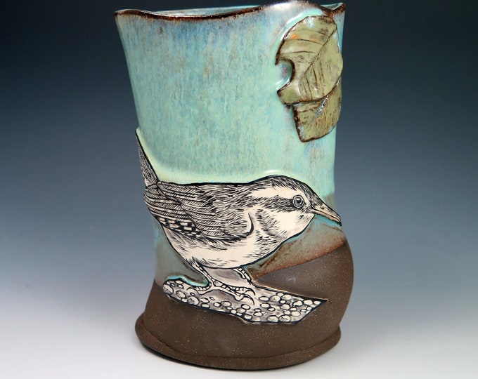 Handbuilt Ceramic Wren Art Vase, Hand Drawn Pottery, Unique Sculpted ...