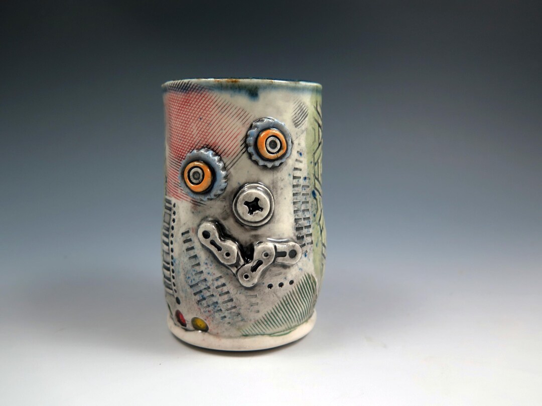 Crusty Robot Ceramic Juice Cup, 10oz, Handmade Clay Robot Sculpture ...