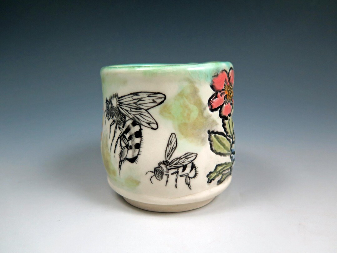 Hand Drawn Porcelain Honey Bees Art Teabowl, 6oz, Handpainted Pottery ...