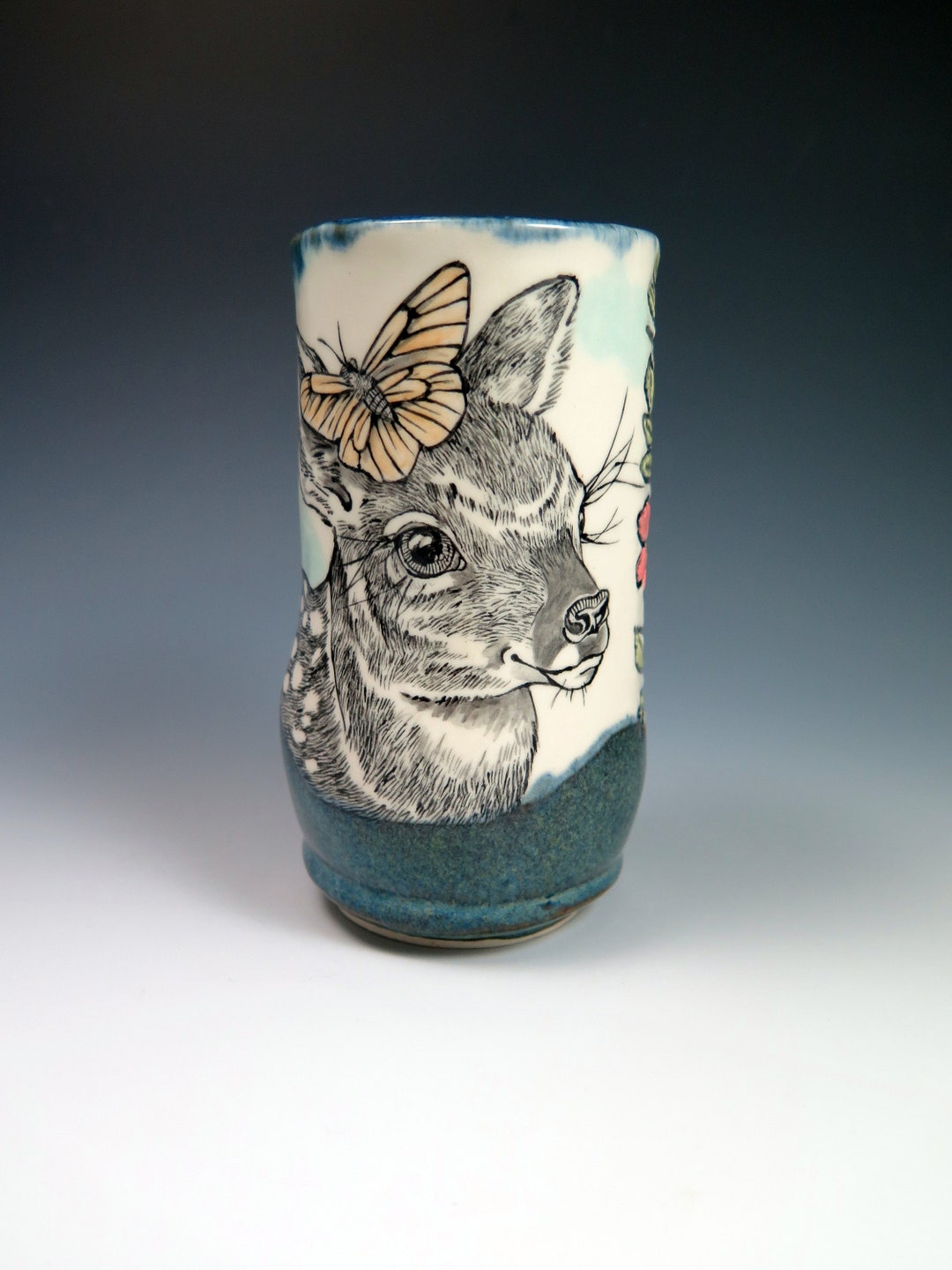 Handmade Porcelain Fawn Art Tumbler, 17oz, Handmade and Hand Drawn ...