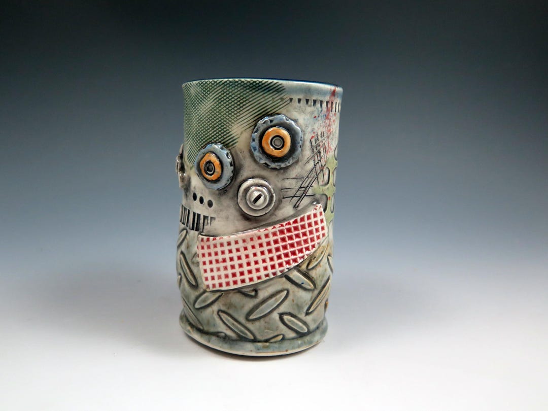 Crusty Robot Ceramic Juice Cup, 10oz, Handmade Clay Robot Sculpture ...