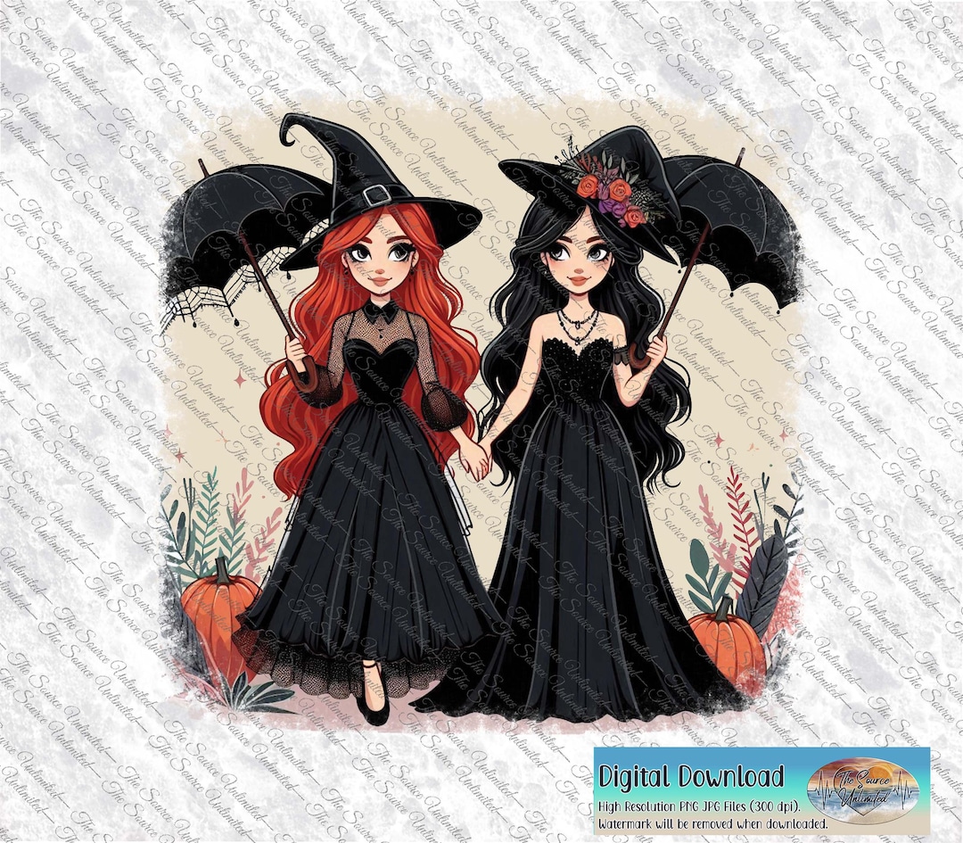 Witch Sisters Halloween Art, Cartoon Witches With Umbrellas (PNG JPG ...