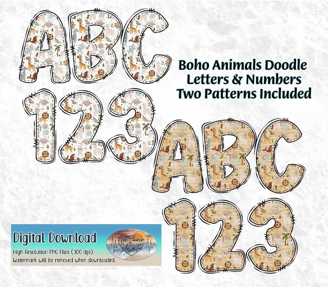 Boho Animals Doodle Alphabet Letters & Numbers 2 Patterns Included PNG ...