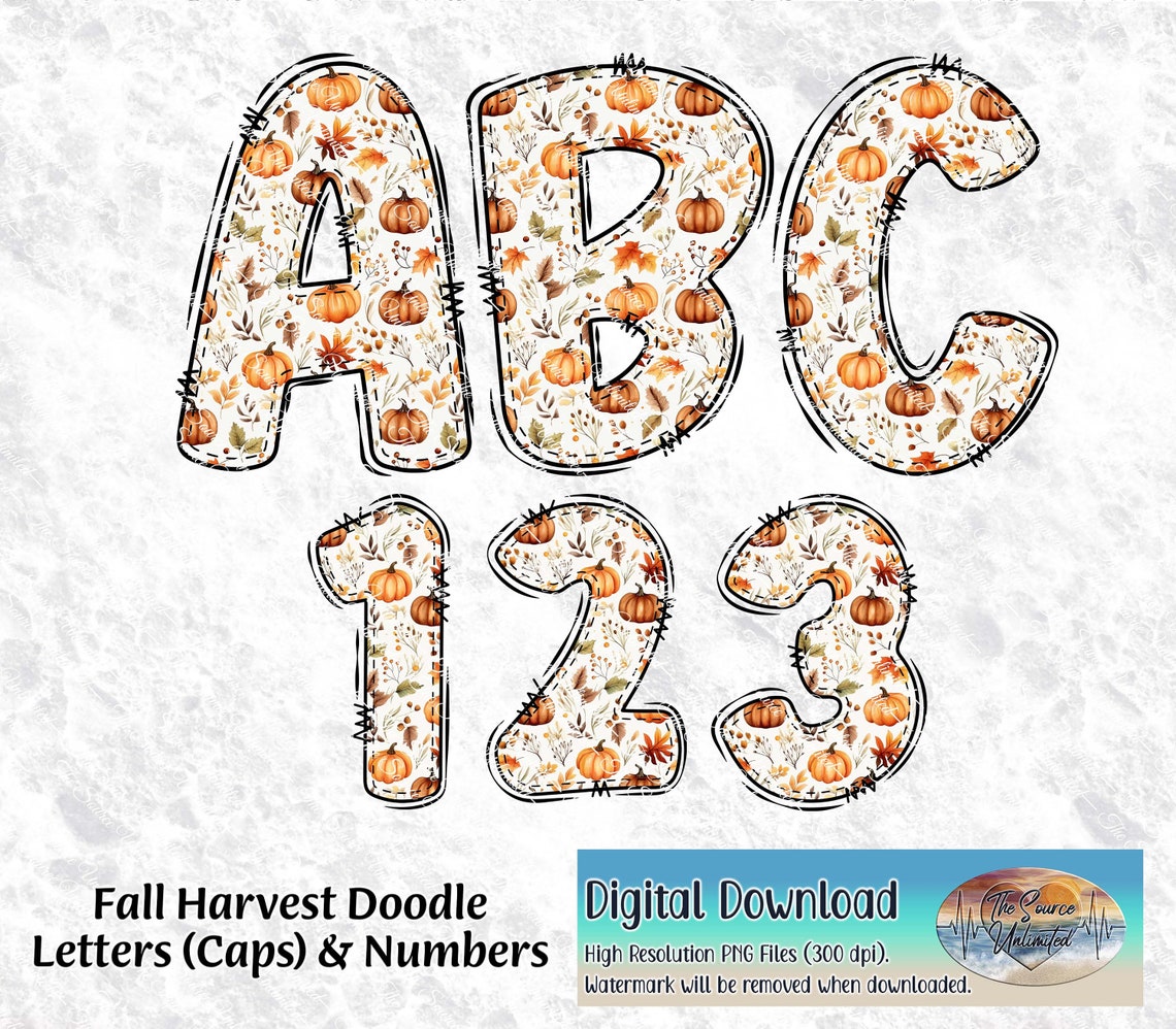 Fall Pumpkin Doodle Alphabet, Numbers PNG, Halloween Design (digital ...