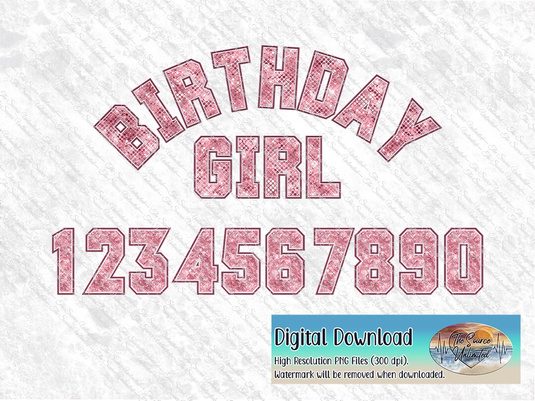 Birthday Girl, Pink Glitter Varsity Birthday Design Bundle, PNG Instant ...