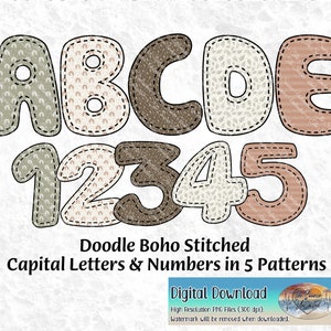 Doodle Boho Stitched Letters Numbers in 5 Patterns Design PNG for ...