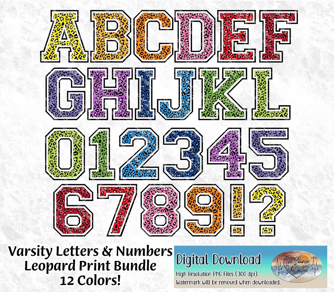 Varsity Alphabet Letters & Numbers Bundle 12 Colors Leopard Print ...