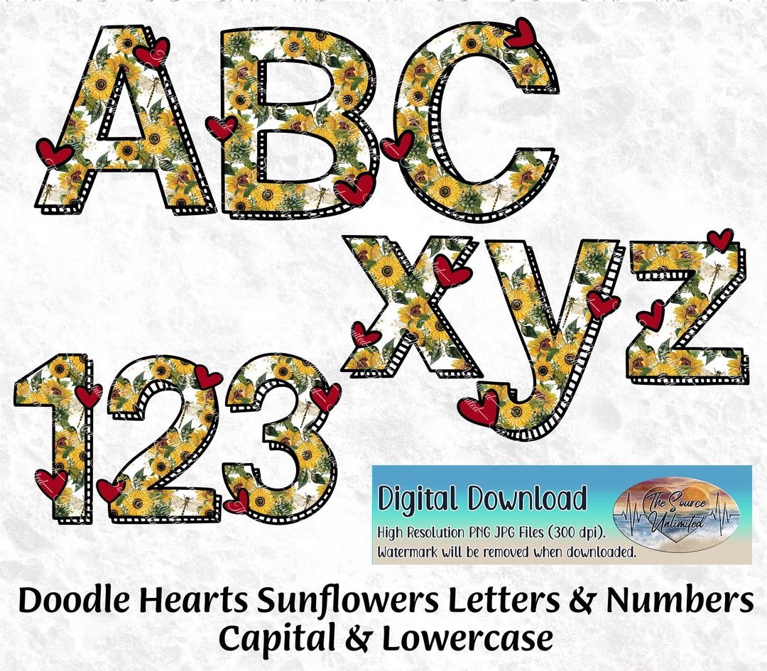 Doodle Letters & Numbers Sunflowers Hearts Design PNG for Sublimation ...