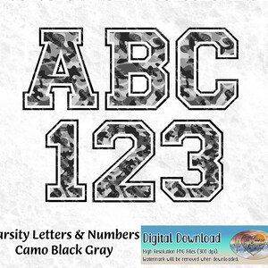 Camouflage Varsity Alphabet Letters & Numbers Black Gray Camo Design ...