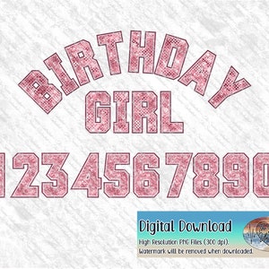Birthday Girl, Pink Glitter Varsity Birthday Design Bundle, PNG Instant ...