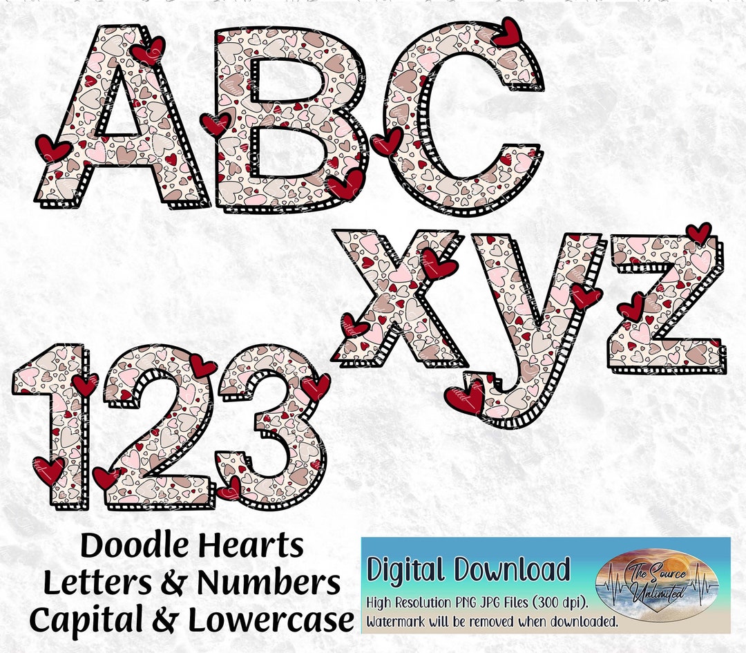 Doodle Letters & Numbers Hearts Design PNG for Sublimation, Print, Heat ...