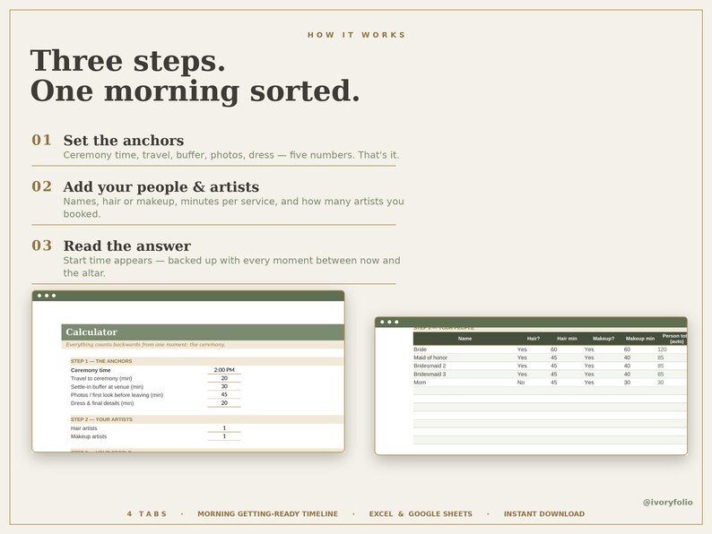 Wedding Morning Timeline Calculator Spreadsheet, Getting Ready Schedule ...