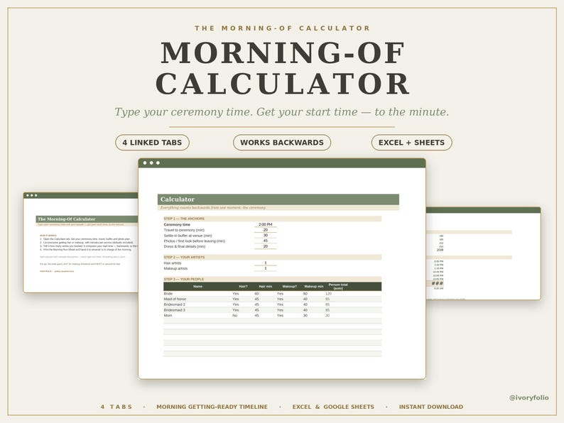 Wedding Morning Timeline Calculator Spreadsheet, Getting Ready Schedule ...