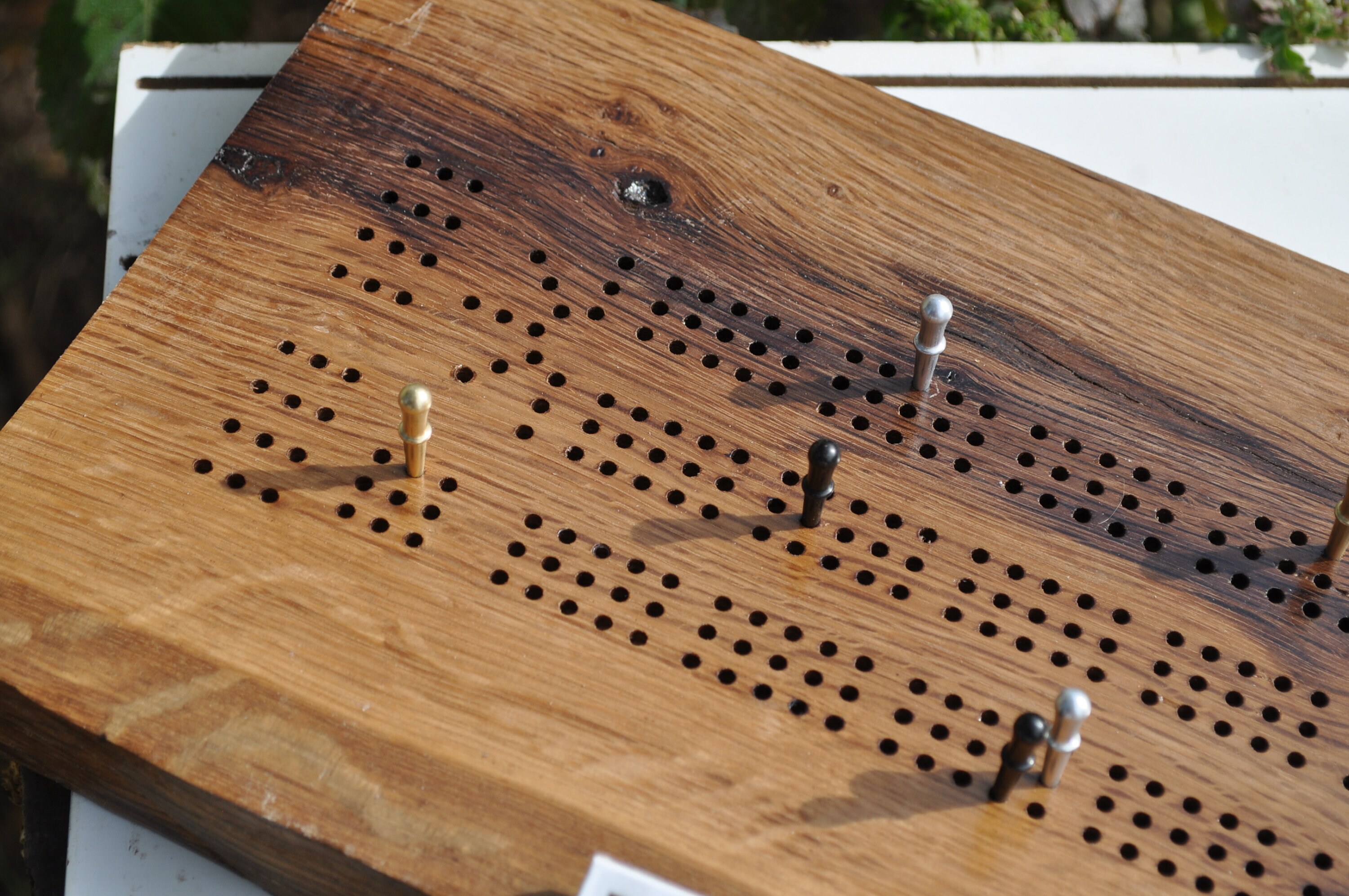 oak reclaimed live edge 3 lane cribbage board All American made