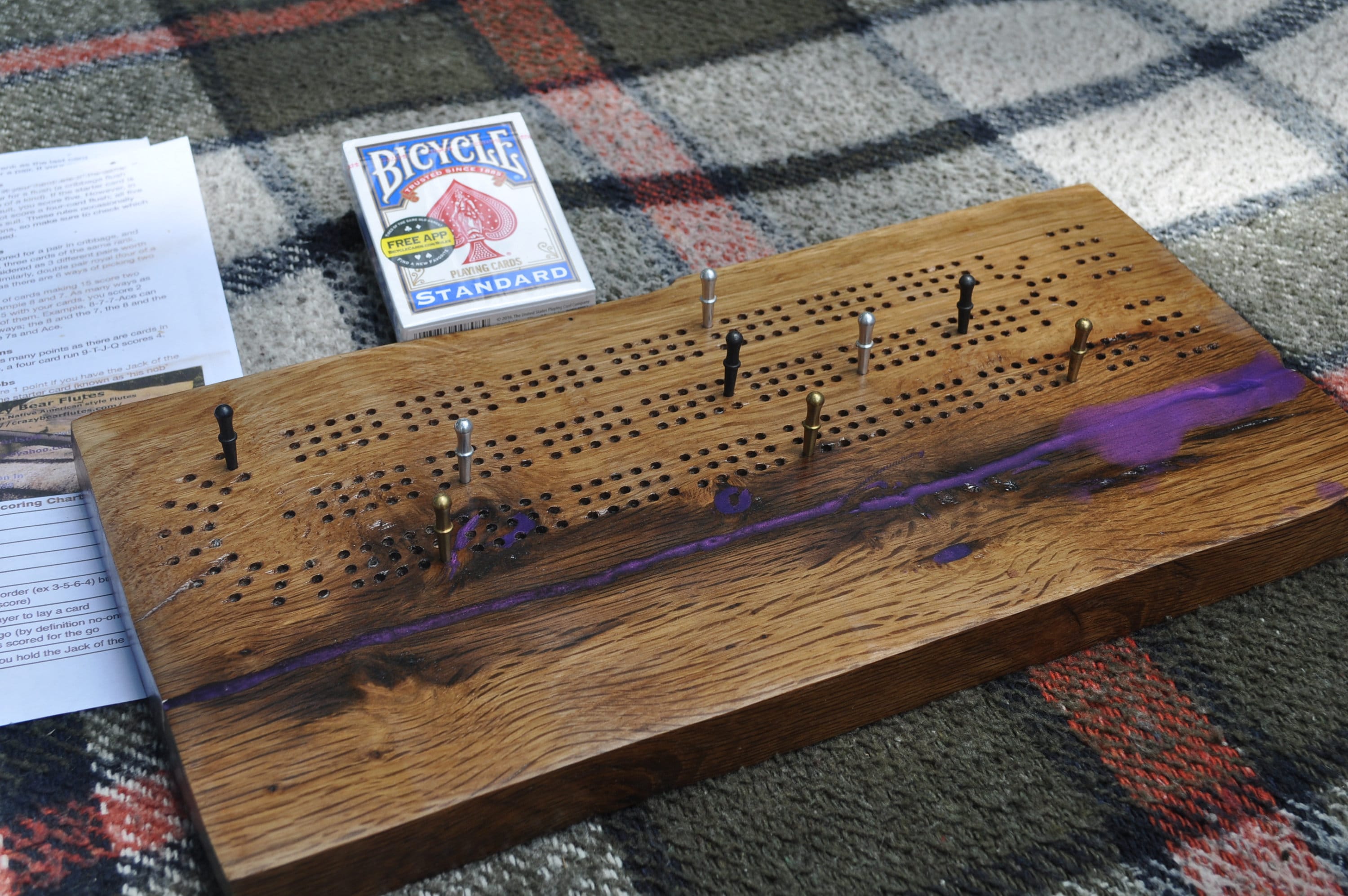 cribbage board, American made, oak live edge, 3 lane ,CrazyBearUSA