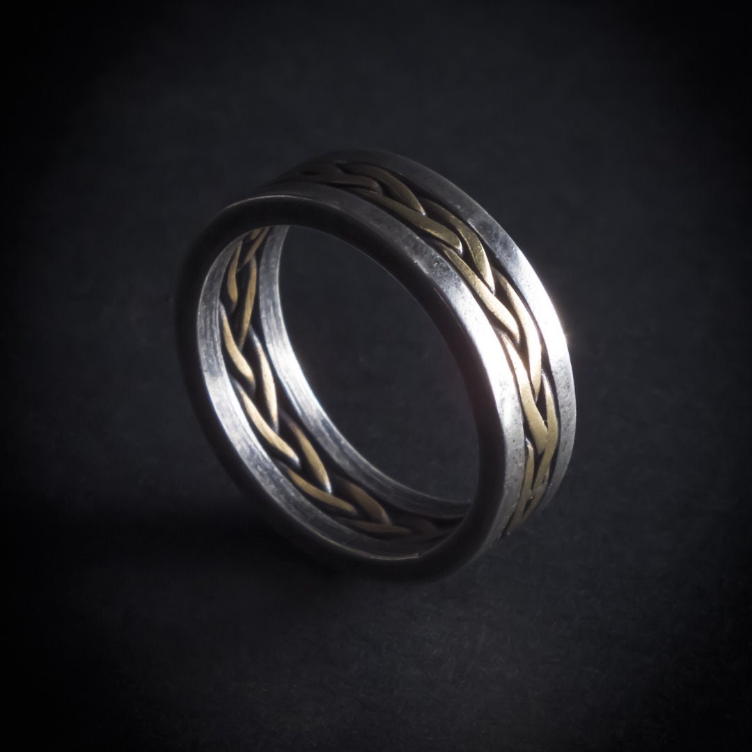 Mixed Metal Woven Ring Band for Men and Women, Silver and Brass Braided ...
